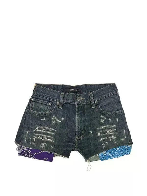 HTC LOS ANGELES Distressed Bandana-insert Denim Shorts - Blue