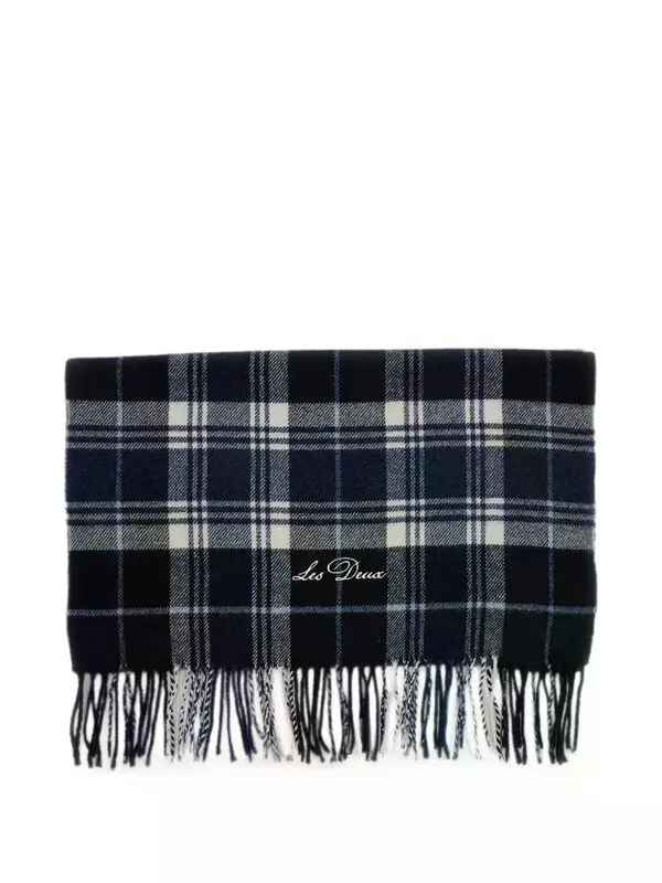 LES DEUX Check-pattern Fringed Scarf - Blue