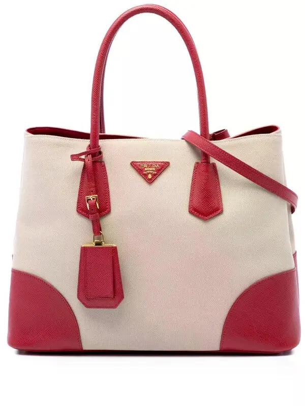 Prada 2010-2026 Large Saffiano Trimmed Canapa Double Satchel - Neutrals
