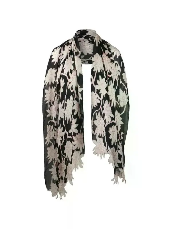 Valentino Garavani Floral-print Frayed Scarf - Black