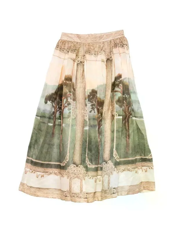 Agua Bendita Landscape-print Pleated Midi Skirt - Orange