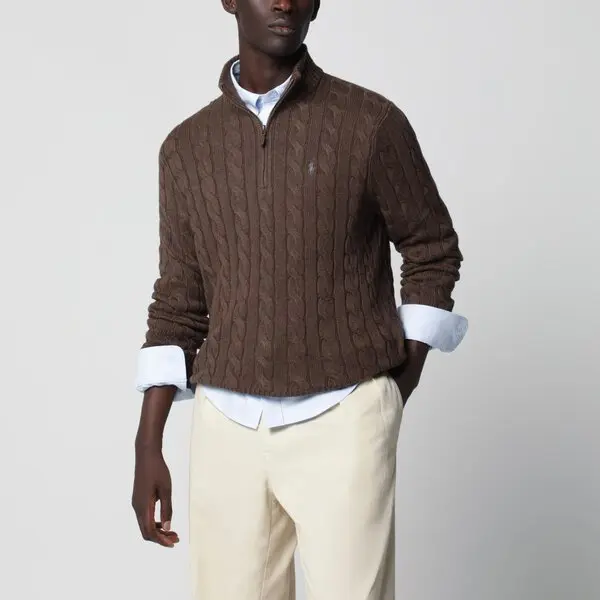 Polo Ralph Lauren Brown Cotton Cable-knit Quarter-zip Sweater