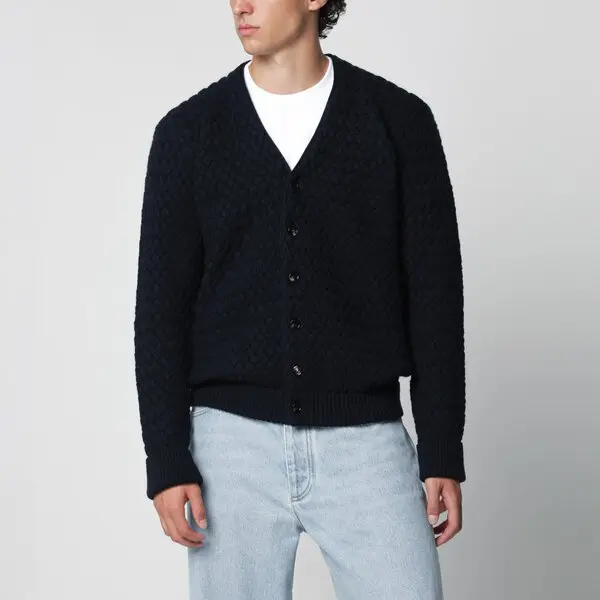 Bottega Veneta Intrecciato Wool Cardigan In Midnight - Blue