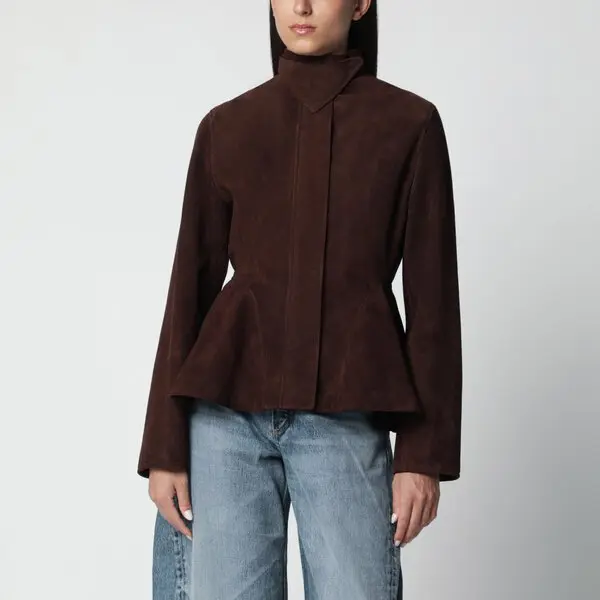Alaïa Peplum Suede Jacket In Chocolate Goat Leather - Brown