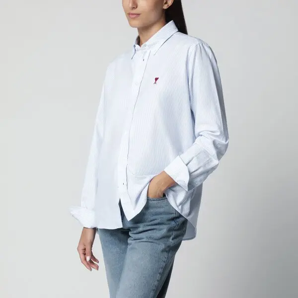 AMI Paris Striped Cotton Shirt With Embroidered Logo - Light Blue
