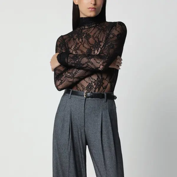 Andamane Semi-sheer Lace Turtleneck Bodysuit - Black
