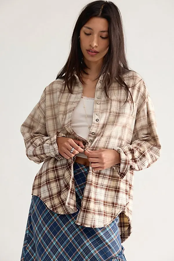 We The Free Lexi Plaid Button-down Top - Ivory Combo