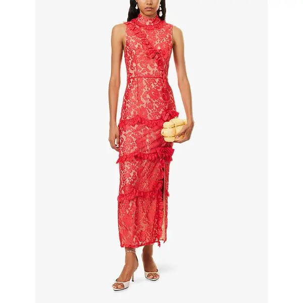 Alessandra Rich High Neck Ruffled Lace Midi Dress