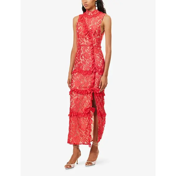 Alessandra Rich High Neck Ruffled Lace Midi Dress