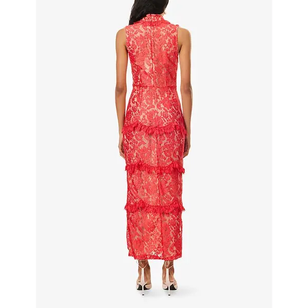Alessandra Rich High Neck Ruffled Lace Midi Dress