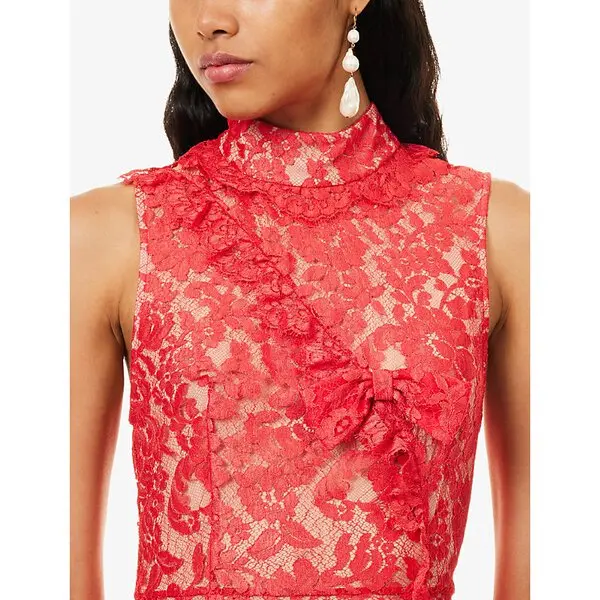 Alessandra Rich High Neck Ruffled Lace Midi Dress