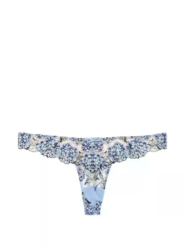 FLEUR DU MAL Floral-embroidered Scalloped-edge Thong - Blue