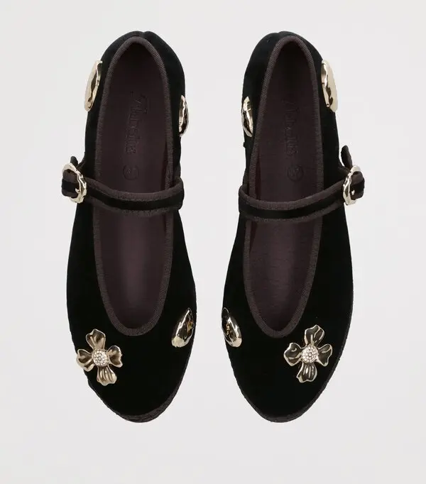 FLABELUS Velvet Mary Jane Flats With Embellishments
