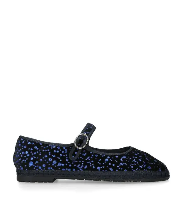 FLABELUS Velvet Seraphina Mary Jane Flats - Blue