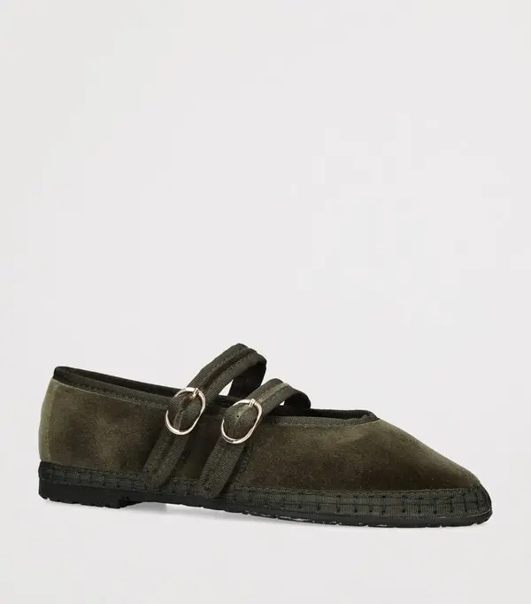 FLABELUS Velvet Claire Mary Jane Flats With Double Strap Detailing - Green