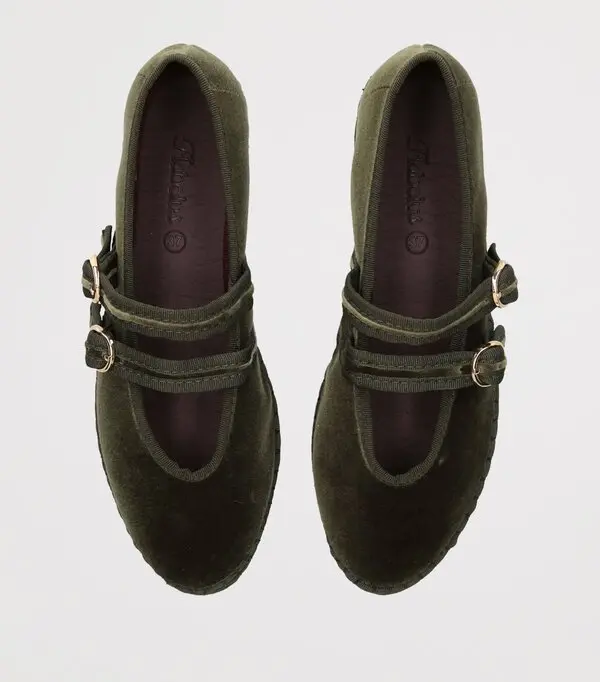 FLABELUS Velvet Claire Mary Jane Flats With Double Strap Detailing - Green