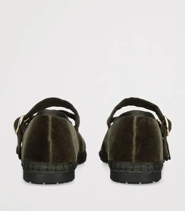 FLABELUS Velvet Claire Mary Jane Flats With Double Strap Detailing - Green