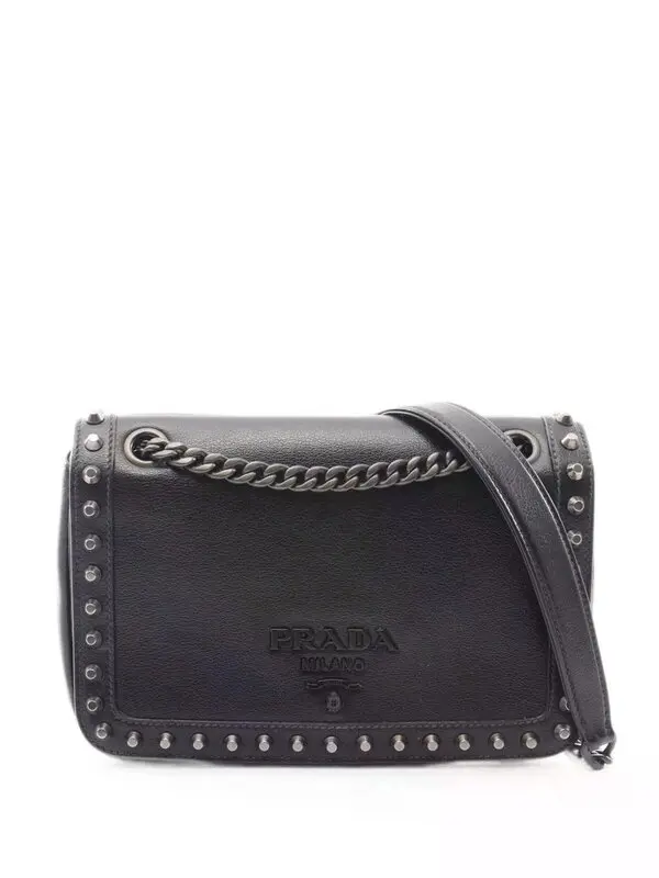 Prada 2010s Glace' Calf Studded Shoulder Bag - Black
