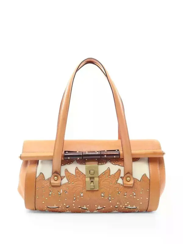 Gucci Bamboo Handle Floral Carving Handbag - Brown