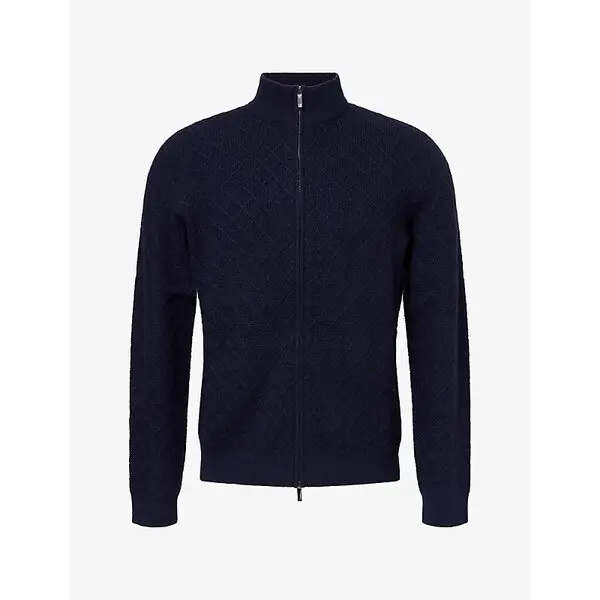 Emporio Armani Cross-pattern Zip-through Cashmere And Wool Blend Jacket - Dark Navy