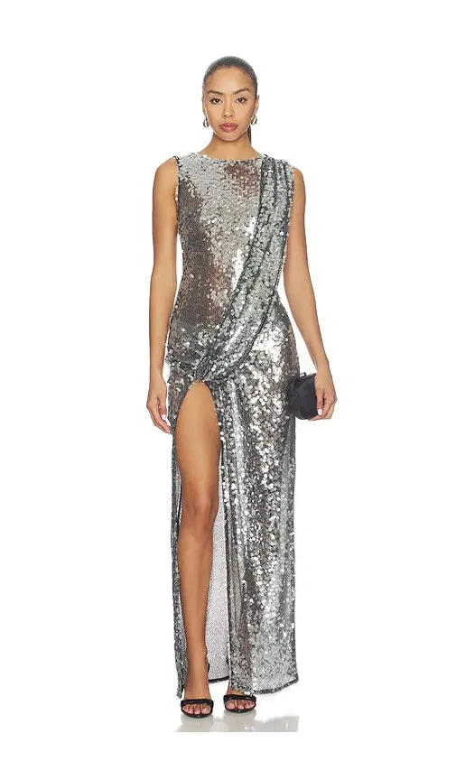Lapointe Mesh Sequin Sleeveless Gown With Sash In . Also