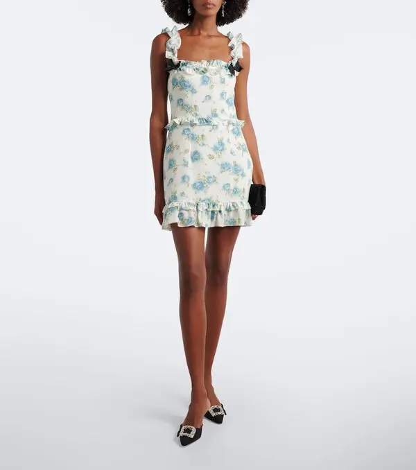 Alessandra Rich Ruffled Floral Silk Crepe De Chine Mini Dress - White