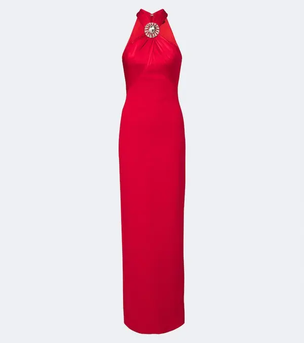 David Koma Embellished Halterneck Satin-trimmed Gown - Red