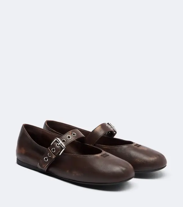 Miu Miu Leather Mary Jane Flats - Brown