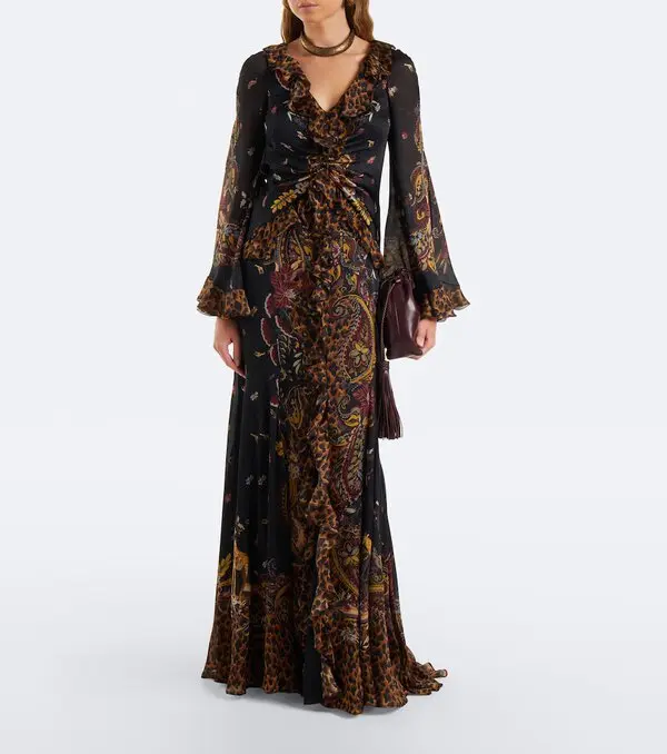 Etro Printed Ruched Silk Maxi Dress
