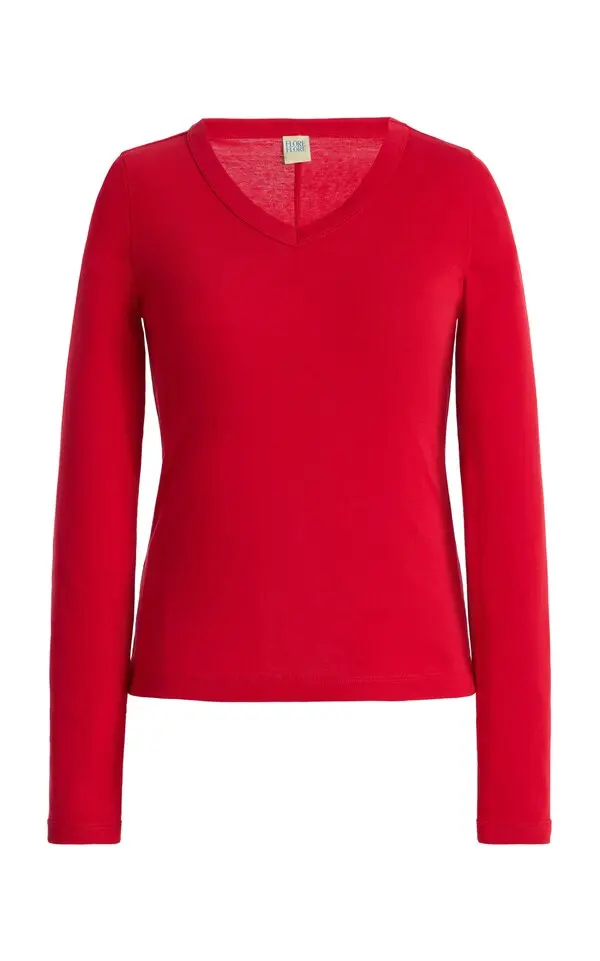FLORE FLORE Cotton Long Sleeve V-neck Top - Red