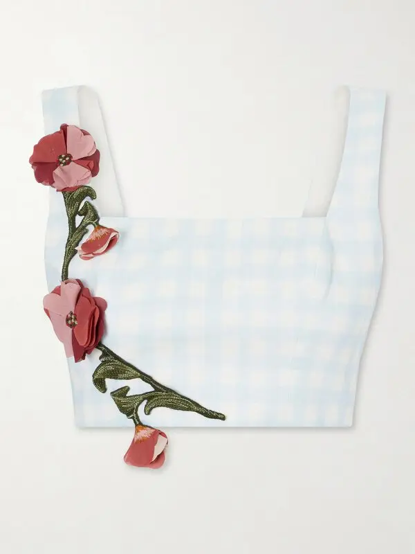 Agua Bendita Amanda Cropped Floral-appliqué Linen Top - Blue