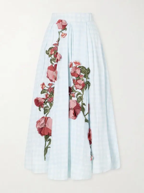 Agua Bendita Delta Floral-appliqué Checked Linen Maxi Skirt - Blue