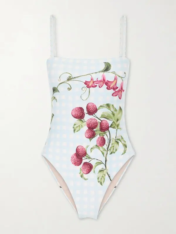 Agua Bendita Durazno Embellished Printed Recycled One-piece Swimsuit - Blue