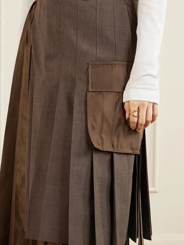 Sacai Pleated Twill And Shell Midi Skirt