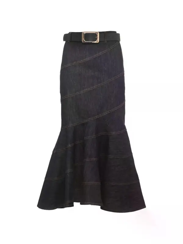 SELF-PORTRAIT Indigo Denim Belted Midi Skirt - Blue