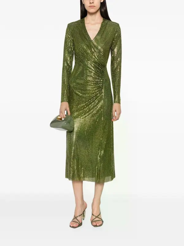 SELF-PORTRAIT Rhinestone-embellished Ruched Midi Dress - Green