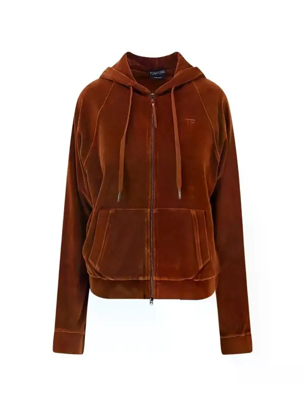 TOM FORD Stretch Cotton Velour Zip Hoodie With Tonal Tf Embroidered Logo - Brown