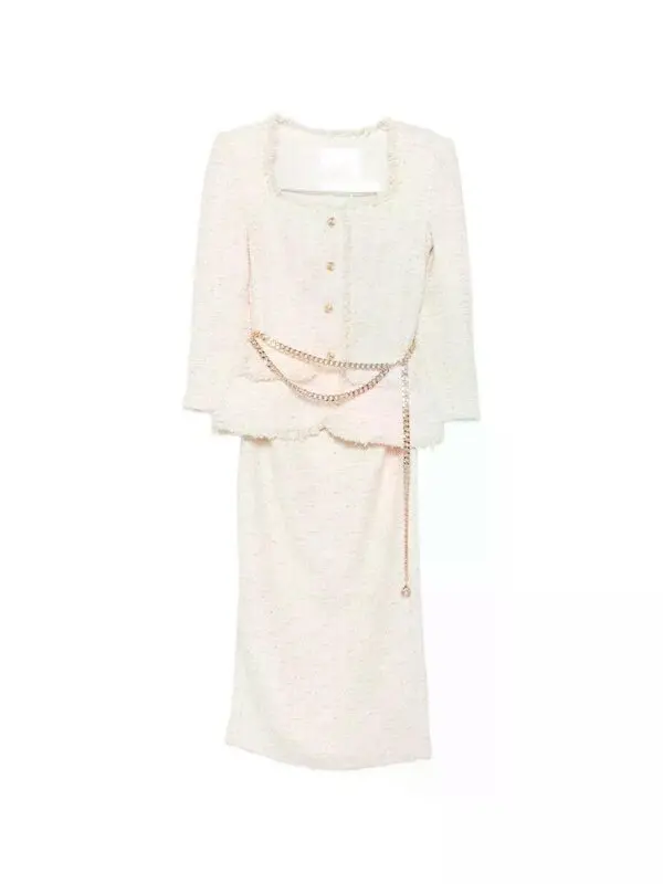 SELF-PORTRAIT Bouclé Chain-belt Midi Skirt And Jacket Set - Neutrals