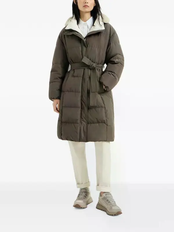 Brunello Cucinelli Techno Cotton Taffeta Down Coat With Shearling Inserts And Shiny Zipper Pull