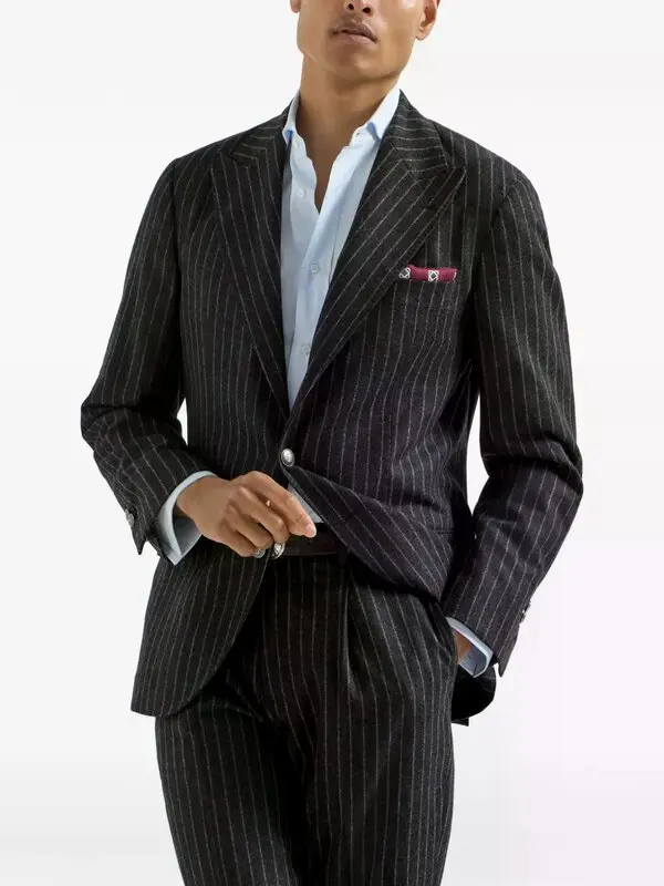 Brunello Cucinelli Virgin Wool And Cashmere Chalk Stripe Flannel Deconstructed Blazer With Large Peak Lapels And Metal Buttons - Grey
