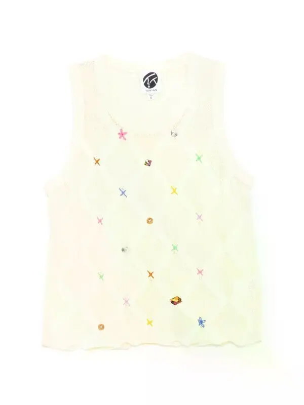 YANYAN Ivory Lattice Knit Tank Top With Embellishments