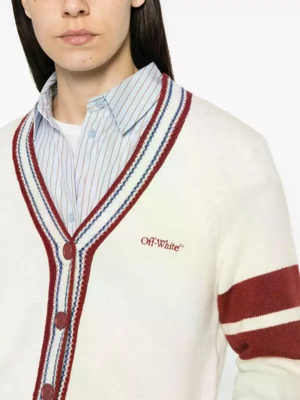 Off-White Cropped Cardigan With Striped Trims