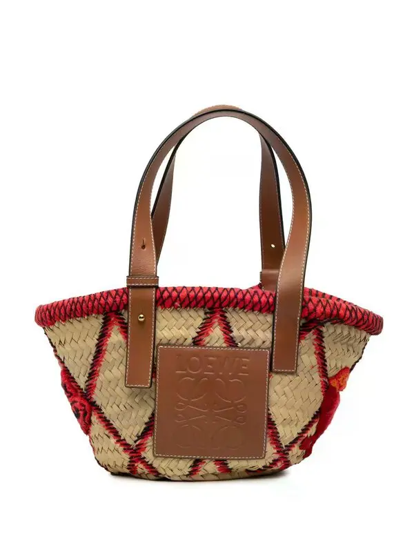 Loewe 2019 Small Raffia Animal Embroidered Anagram Basket Tote Bag - Neutrals