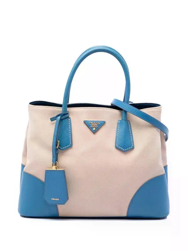Prada 2010-2026 Medium Saffiano Cuir Trimmed Canvas Double Satchel - Neutrals