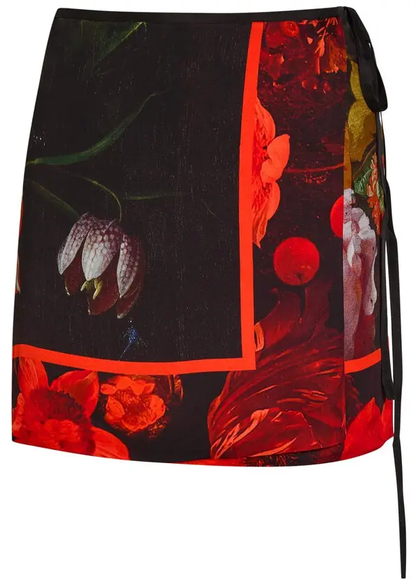 Dries Van Noten Gabrinas Printed Satin Mini Wrap Skirt - Black