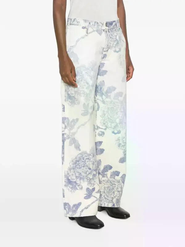 R13 Floral Print Wide Leg Jeans - White