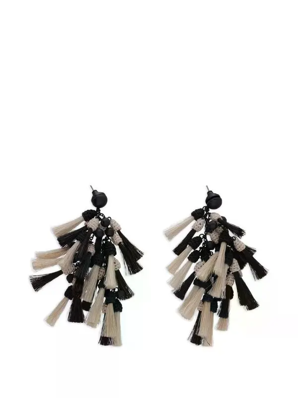 Vintage Tasseled Drop Earrings With Crochet Accents - Black