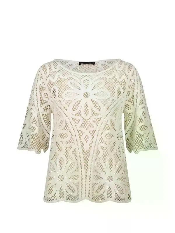 BETTY BARCLAY Floral Crochet Scalloped Hem Top