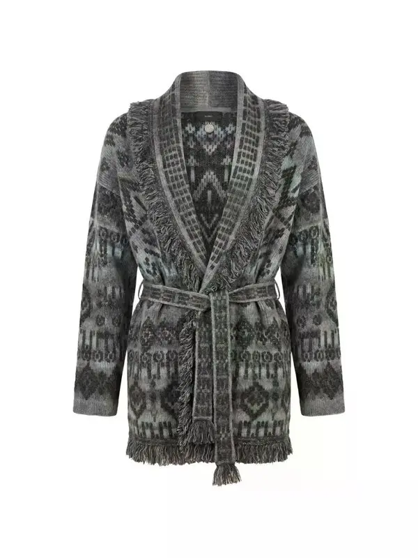 Alanui Jacquard Knit Belted Fringe Trim Cardigan
