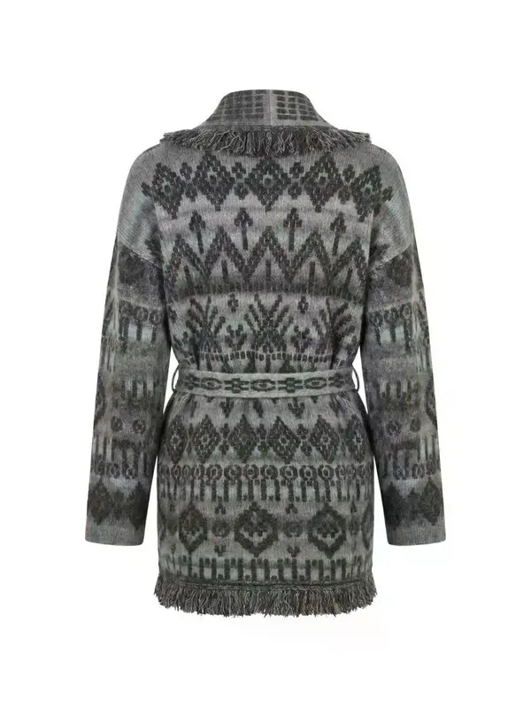Alanui Jacquard Knit Belted Fringe Trim Cardigan